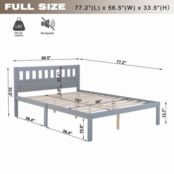 Grey Wood Full Platform Bed Frame with Headboard and Wood Slat Support ...