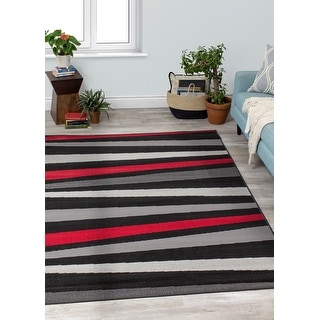 Florence Collection - Black/Grey/ Red Angled Stripes Rug - 5'3" x 7'4 ...