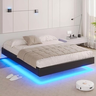Floating Queen Bed Frame with LED Lights Modern Upholstered - Bed Bath ...