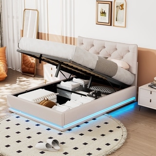 Slouchy Style Upholstered Bed with Hydraulic Storage System & LED Light ...