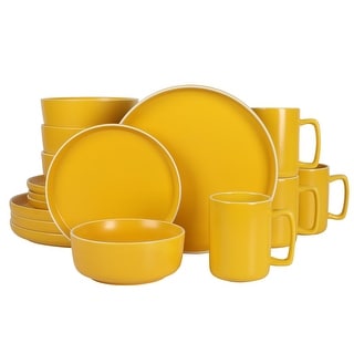 16 Piece Round Stoneware Dinnerware Set in Solid Matte Yellow - Bed ...