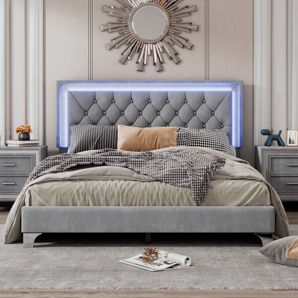 Queen Size Upholstered Bed Frame with LED Lights Modern Velvet Platform Bed with Crystal Tufted Headboard Grey