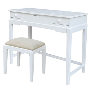 Solid Wood Vanity Table with Vanity Bench (Snow White Finish) - Bed ...