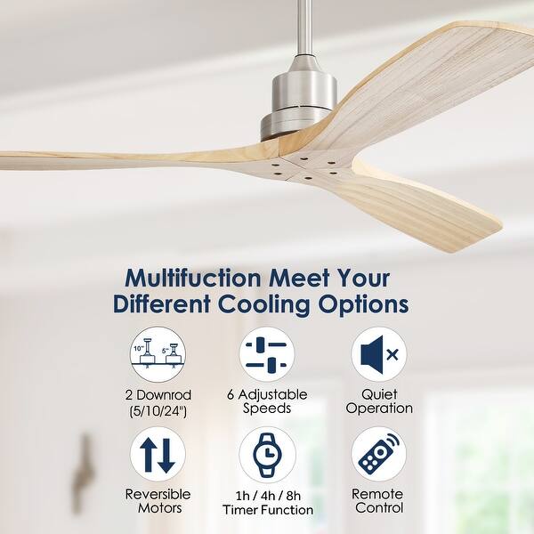 Ceiling Fan No Light with Remote Carved Wood Fan Blade Reversible DC ...