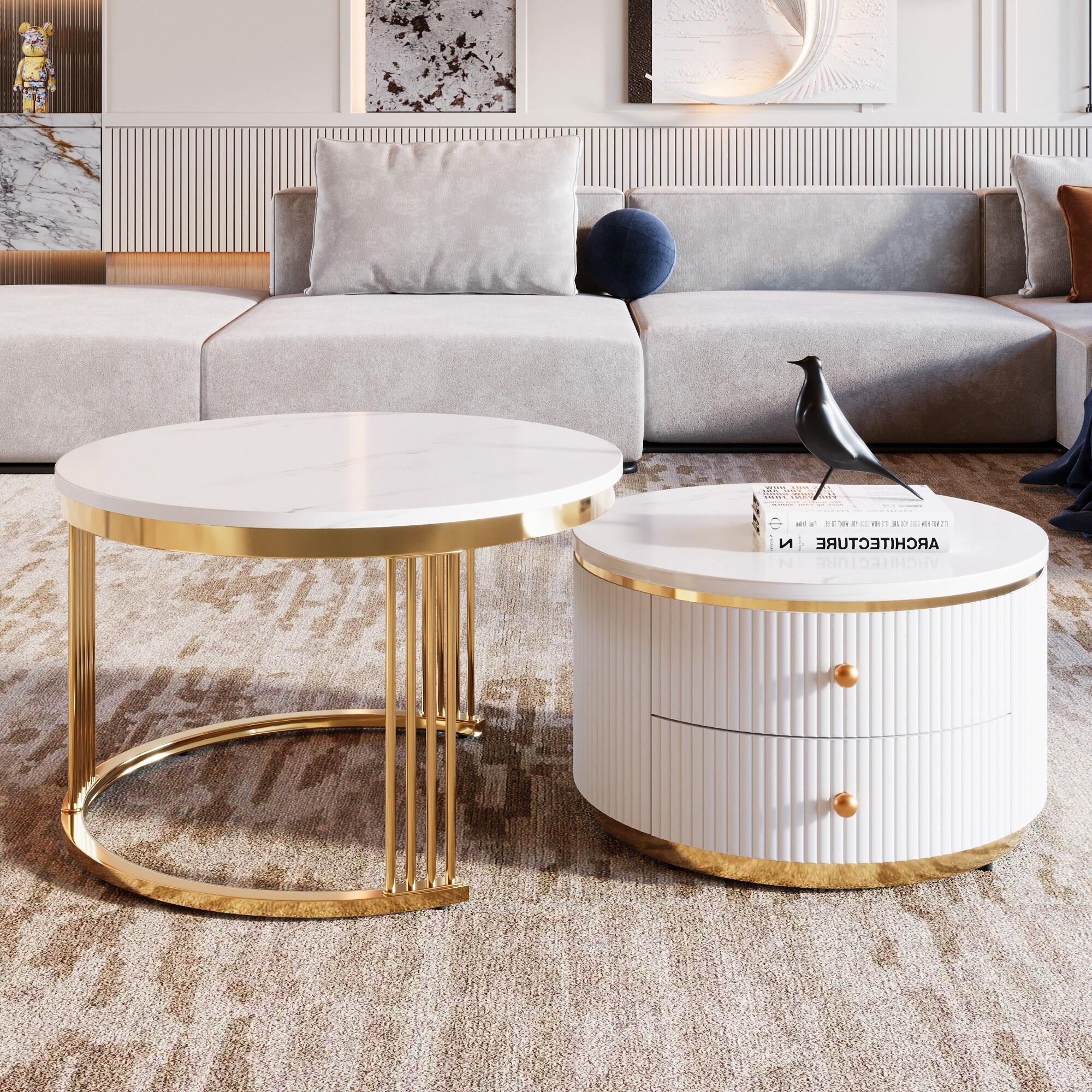 2 Piece White Round Nesting Coffee Table Set with Drawers Glossy Finish Luxury Gold Pedestal Legs