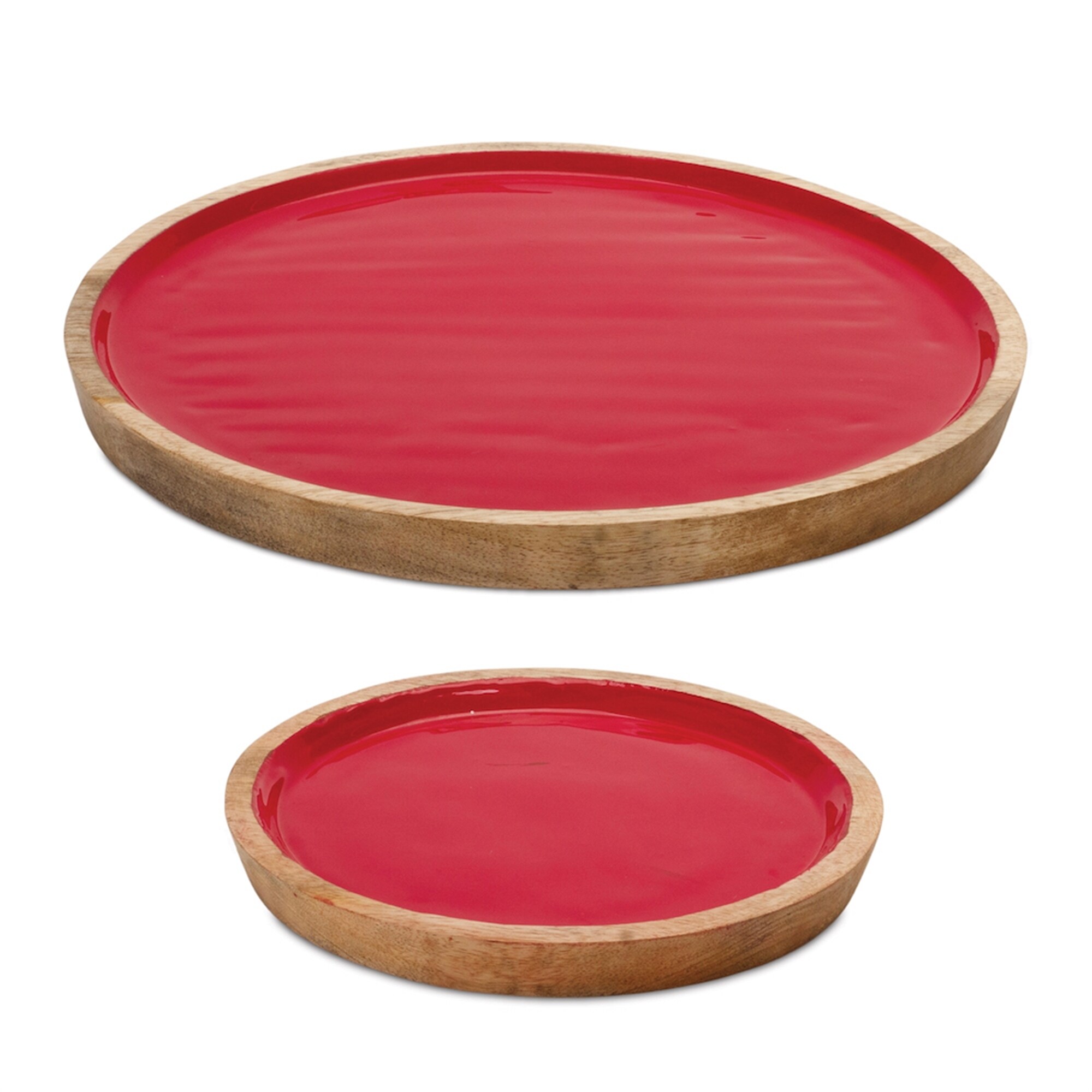 Round Red Wooden Tray Set of 2 Red Brown