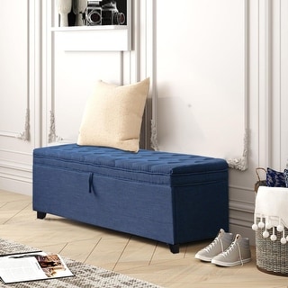 Extra Long Blue Linen Storage Bench - Padded Seat with Generous Storage ...