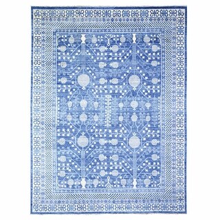 Shahbanu Rugs Polynesian Blue Hand Knotted Shiny Wool Washed out Khotan ...