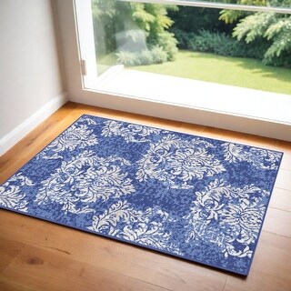 HomeRoots 3' X 5' Navy Blue and Ivory Damask Distressed Area Rug - 60 ...