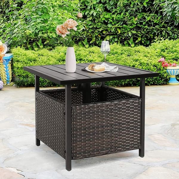 Outdoor Wicker Umbrella Side Table Patio Rattan Stand Table with ...