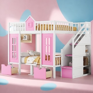 Artsy Full over Full Bunk Bed Turn into Upper Bed and Down Desk, Pink ...