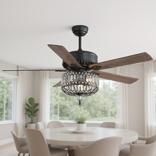 52" Ceiling Fan with Crystal Shade, Remote, 6-Speed and Dual Downrods ...