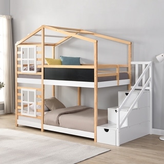 over Bunk Bed House Bed With Roof Windows board And Storage Ladder ...