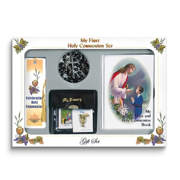 Curata BoyS First Holy Communion Gift Set with Black Glass Bead Rosary ...