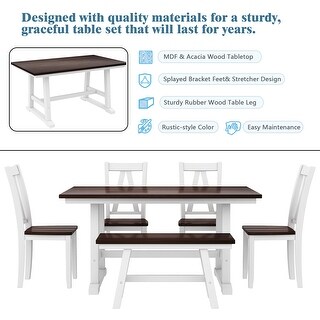 Rectangular 6-Piece Dining Table Set w/38in Bench & Side Chairs, White ...