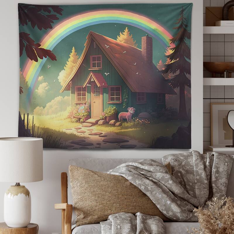 Designart 'Cozy Country Cottage Under The Rainbow I' Lake House Cottage ...