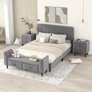 4-Pieces Bedroom Sets Queen Size Upholstered Platform Bed with Two ...