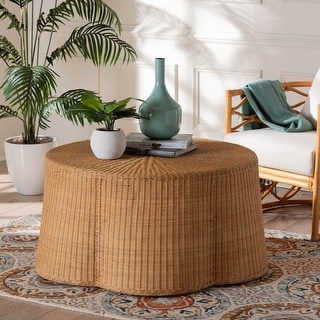 Palm Scalloped Rattan Coffee Table - Handwoven Wicker Round Accent ...