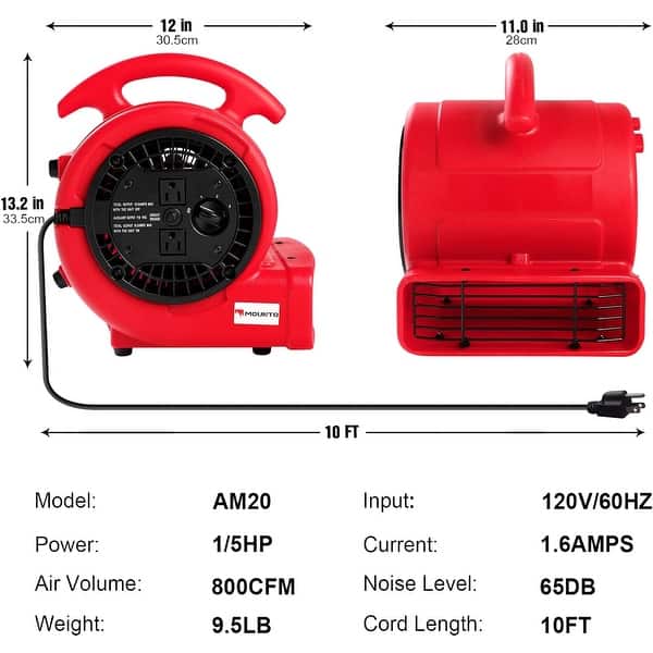 1/5hp Air Mover 800cfm Blower Fan Carpet Floor Drying Fan - 3-Speed ...