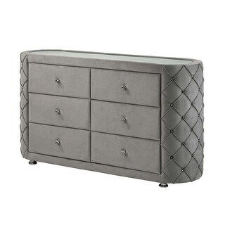 6 Drawers Velvet Upholstered Dresser with Button Tufting in Gray - Bed ...