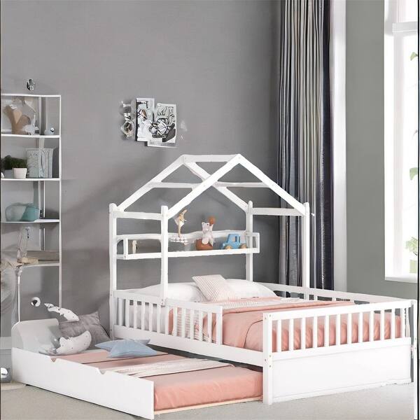 Full Size Kids Wooden House Bed with Twin Size Trundle and Shelf - Bed ...