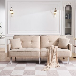 84.6" Extra Long Modern Tufted Beige Fabric Futon Adjustable Sofa Bed ...