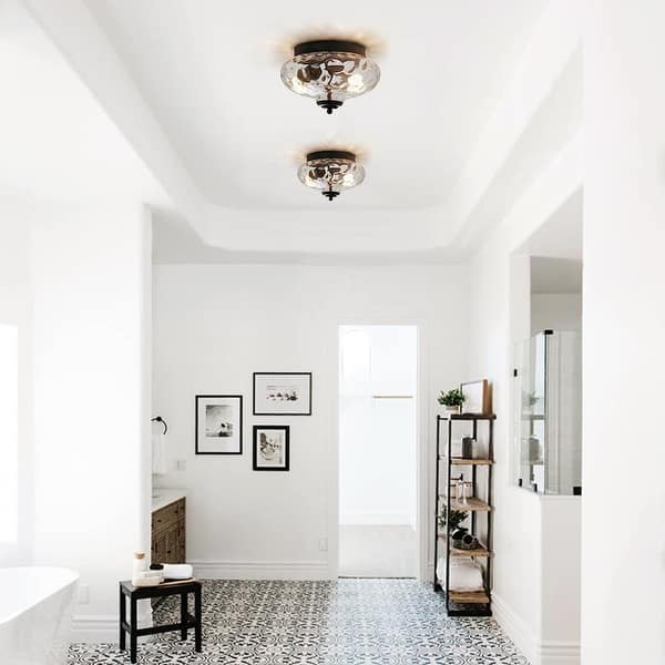 Modern Farmhouse 2-light Water Pattern Hammered Glass Flush Mount 9in ...