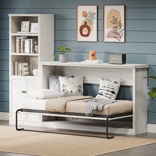 Rustic White Twin Hideaway Wall Bed Murphy Bed with 1 Side Cabinet ...