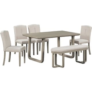 6-Piece Dining Table Set Wood Table with 4 Upholstered Chairs & Bench ...
