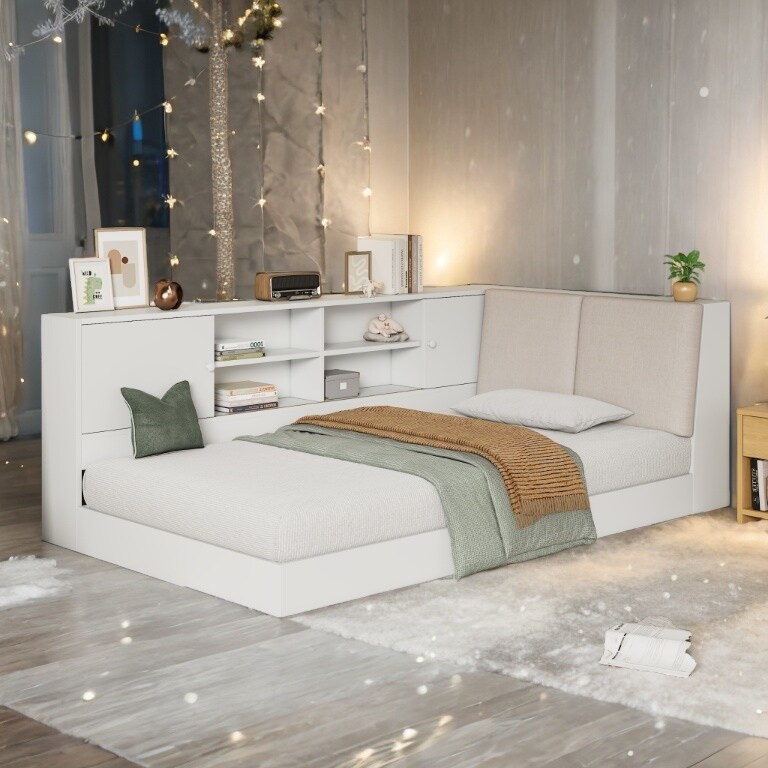 Twin Size L shaped Daybed Floor Corner Bed with Upholstered Headboard and Storage Bookcase White