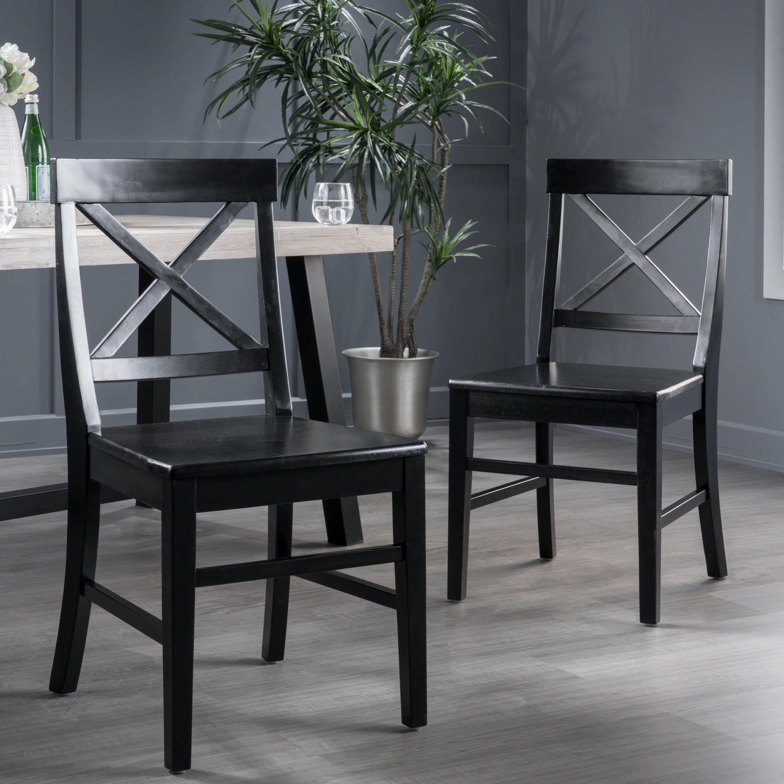 Set of 2 Black Finish Cross Back Chair Cottage Rustic Dining Room Furniture Chair Acacia Wood