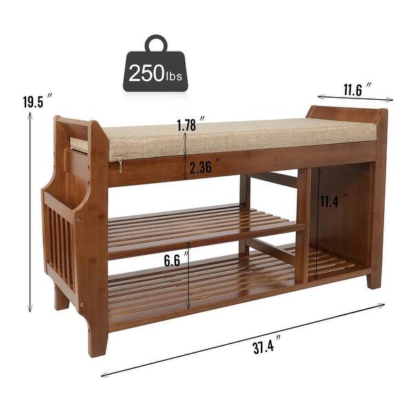 Brown Solid Wood Shoe Rack Bench with Cushioned Seat, Drawer and ...