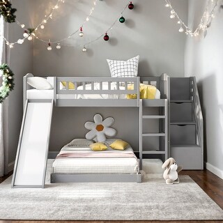 Modren Twin Over Twin Bunk Bed With Two Drawers With Convertible Ladder ...