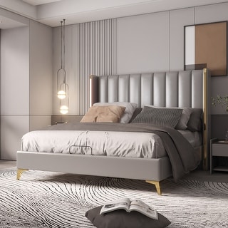 Light Gray King Wingback Bed 56" Tall Metal Gilded Edge Channel Tufted ...