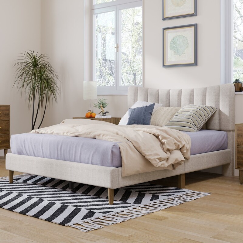 Queen Upholstered Platform Bed with Channel Tufted Headboard Queen Bed Frame Cream