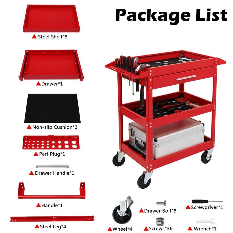 3-Tray Rolling Utility Cart Trolley with Drawer, Industrial Commercial ...