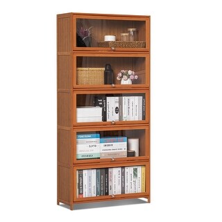 Bamboo Bookcase with Acrylic Doors 5 Tier Free Standing Book Shelf ...