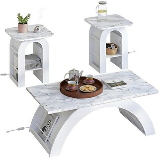 Living Room Set: Coffee Table & 2 End Tables, Modern Marble & LED, RGB ...