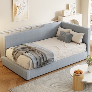 L-Shaped Corner Sofa Bed Corduroy Upholstered Daybed with Slat Support ...