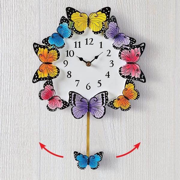 Hand-painted Colorful Butterfly Pendulum Wall Clock - 13.500 x 13.500 x ...