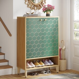 Wood Shoe Storage Cabinet with Green Hexagon Pattern Doors - Bed Bath ...