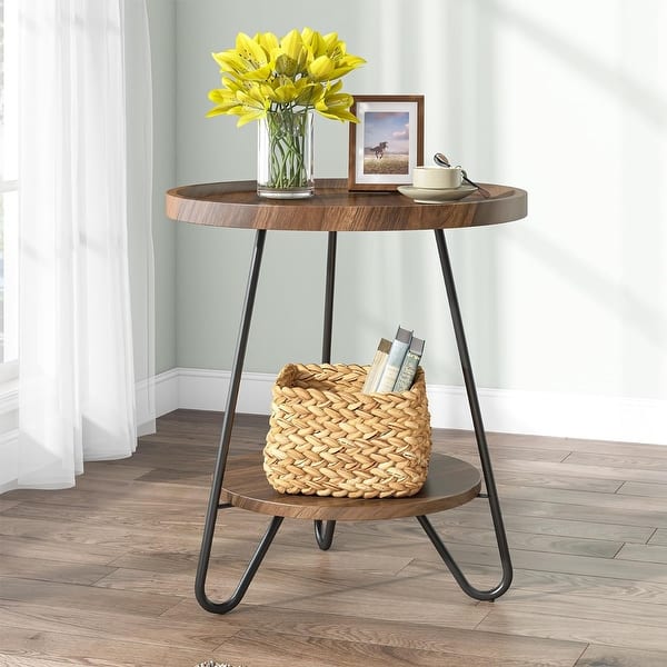 2-Tier Round Side Table, Wooden End Table with Metal Legs - Bed Bath ...