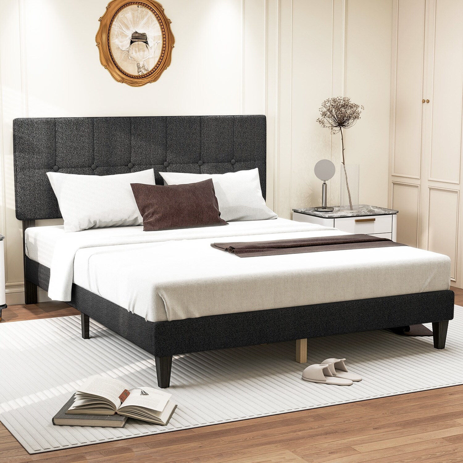 Full Bed Frame with Adjustable Headboard No Box Spring Needed Linen Upholstered Platform Bed Frame with Wood Slats Support On Sale Bed Bath Beyond 37279062