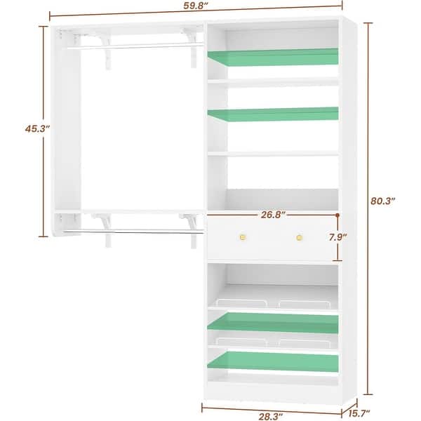 5FT Closet System with 2 Hanging Rods and Wooden Drawer, Walk-in Closet ...