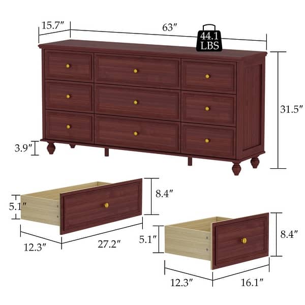 63"W Wood Dresser Bedroom Storage Drawer Organizer Closet 9 Drawer ...