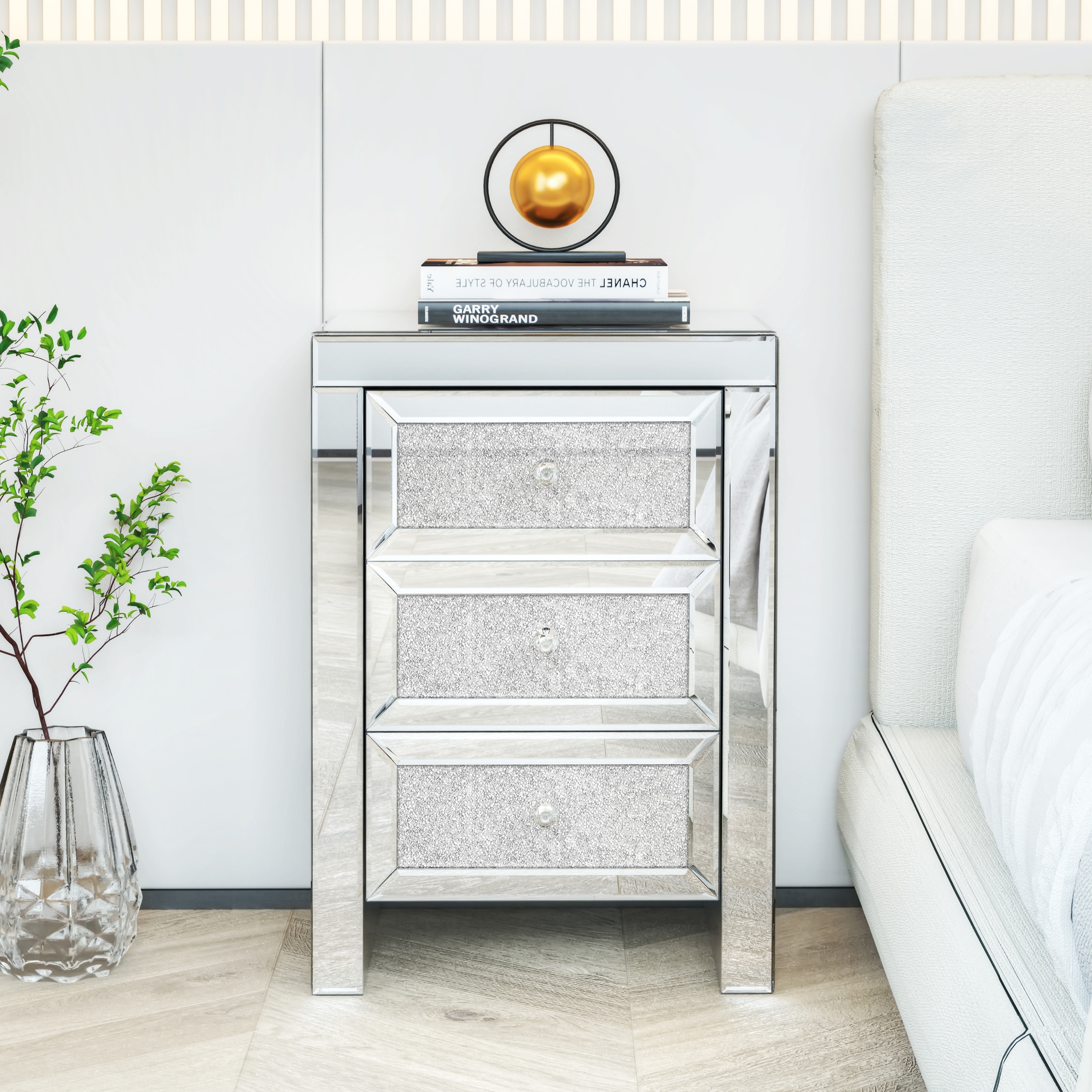 Mirrored Night Stand Tables Drawer Crystal Diamond Bedside Table Bedroom Furniture With 3 Drawers Bedside Storage Cabinet