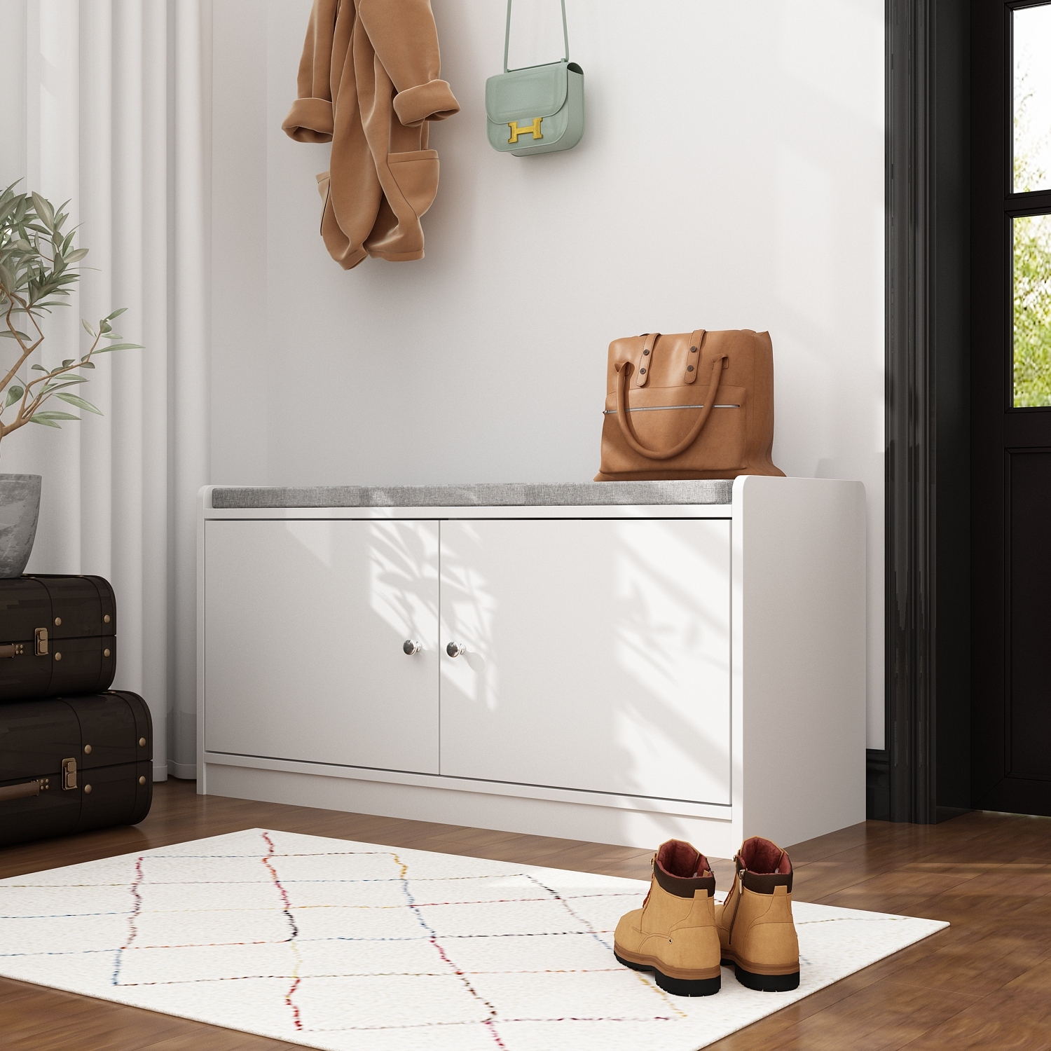 35.8 W White Storage Bench with Drawers and Padded Seat Cushion