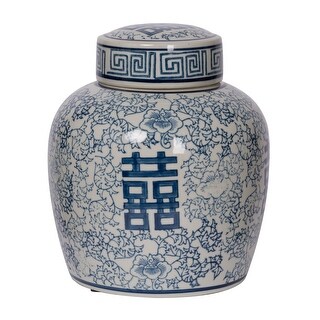 10 Inch Lidded Jar, Curved Round Blue Finished Ceramic, Orchid and ...