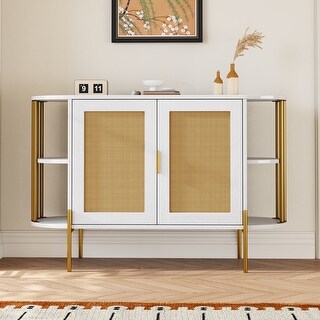 2-Door Elegant Curved Storage Cabinet with Gold Trim, Woven Rattan ...