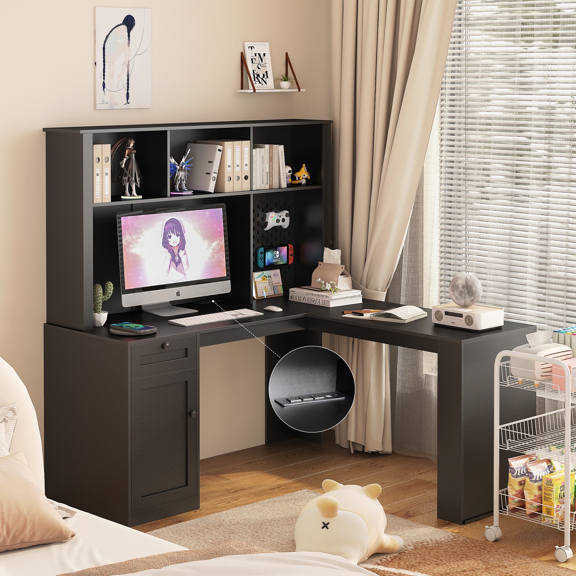 Modern Corner L Shaped Desk with Bookshelf Hutch Outlet Drawers Study Table Writing Desk with Storage Black Bed Bath Beyond 42407741